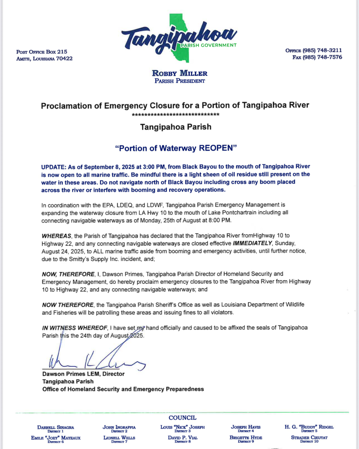 Portion of Tangipahoa River Reopens - Tangipahoa Parish Government